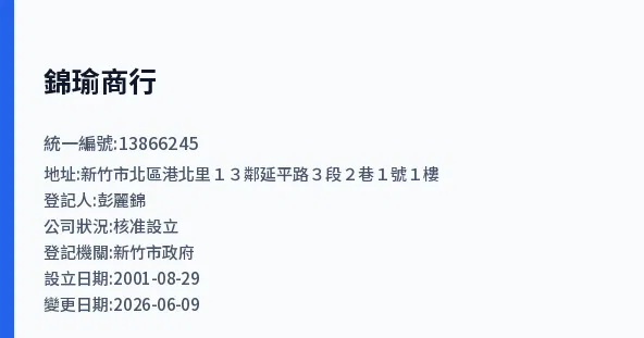 錦瑜商行的照片-統編 13866245(新竹市) 公司登記資料與營業項目詳細圖表