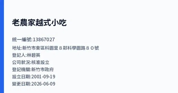 老農家越式小吃的照片-統編 13867027(新竹市) 公司登記資料與營業項目詳細圖表