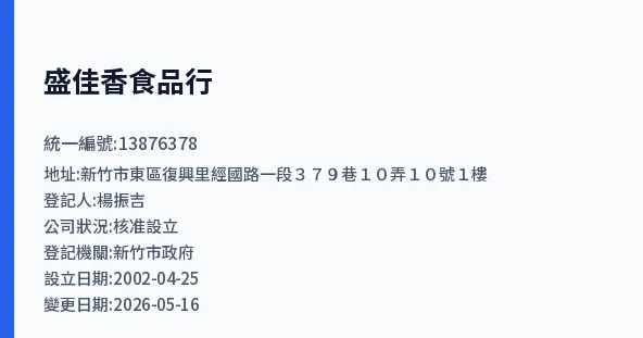 盛佳香食品行的照片-統編 13876378(新竹市) 公司登記資料與營業項目詳細圖表