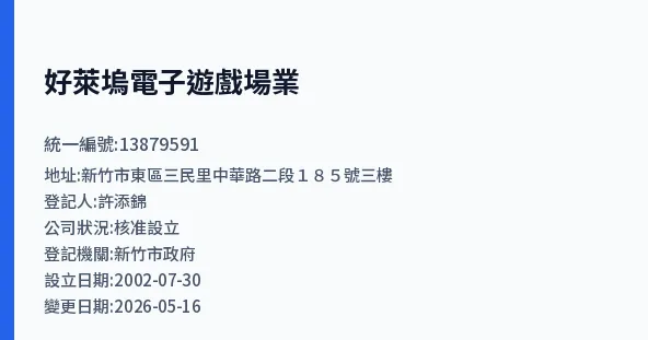 好萊塢電子遊戲場業的照片-統編 13879591(新竹市) 公司登記資料與營業項目詳細圖表