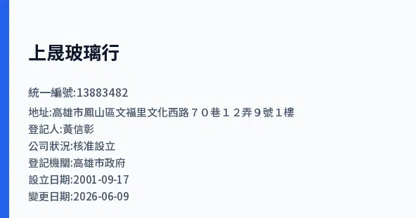 上晟玻璃行的照片-統編 13883482(高雄市) 公司登記資料與營業項目詳細圖表