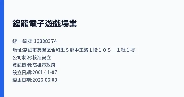 鍠龍電子遊戲場業的照片-統編 13888374(高雄市) 公司登記資料與營業項目詳細圖表