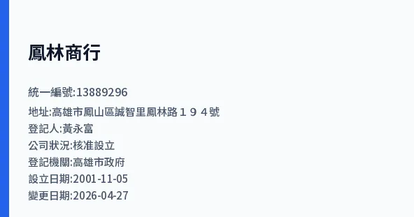 鳳林商行的照片-統編 13889296(高雄市) 公司登記資料與營業項目詳細圖表