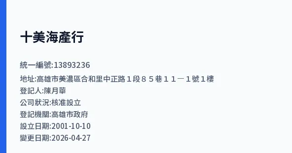 十美海產行的照片-統編 13893236(高雄市) 公司登記資料與營業項目詳細圖表