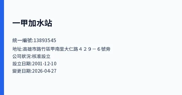 一甲加水站的照片-統編 13893545(高雄市) 公司登記資料與營業項目詳細圖表