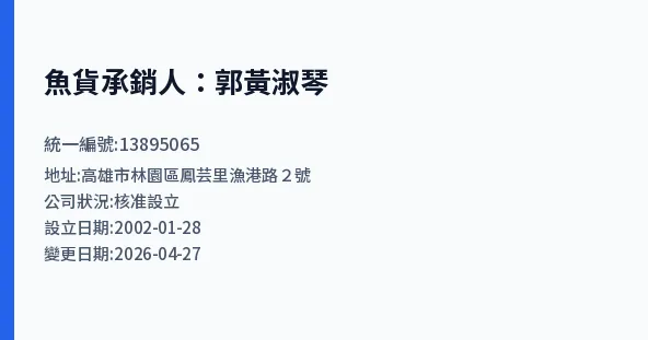 魚貨承銷人:郭黃淑琴的照片-統編 13895065(高雄市) 公司登記資料與營業項目詳細圖表