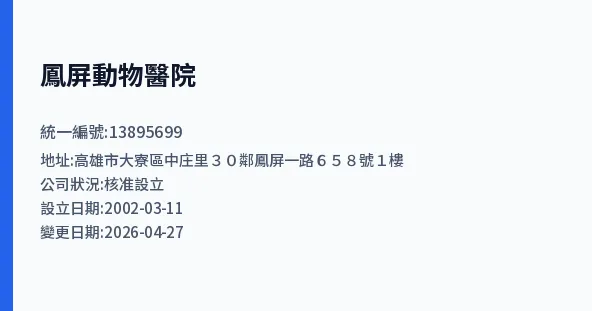 鳳屏動物醫院的照片-統編 13895699(高雄市) 公司登記資料與營業項目詳細圖表