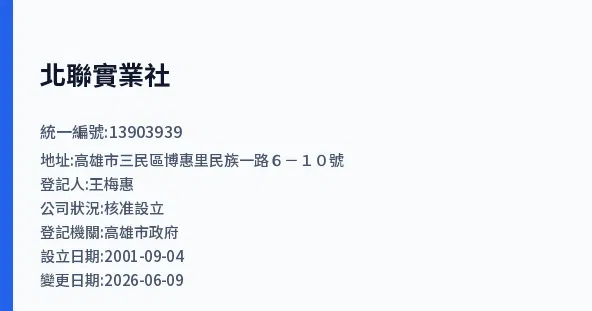 北聯實業社的照片-統編 13903939(高雄市) 公司登記資料與營業項目詳細圖表
