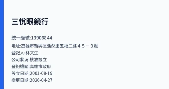 三悅眼鏡行的照片-統編 13906844(高雄市) 公司登記資料與營業項目詳細圖表