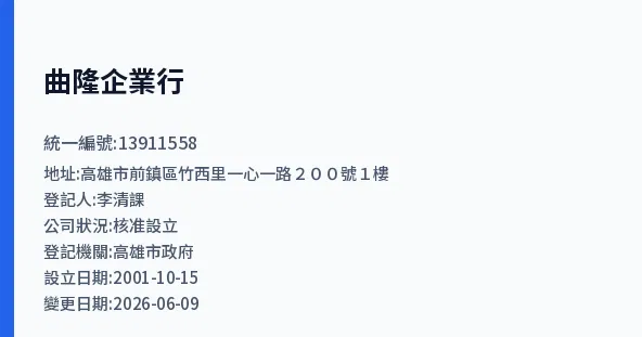 曲隆企業行的照片-統編 13911558(高雄市) 公司登記資料與營業項目詳細圖表