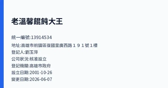 老溫馨餛飩大王的照片-統編 13914534(高雄市) 公司登記資料與營業項目詳細圖表