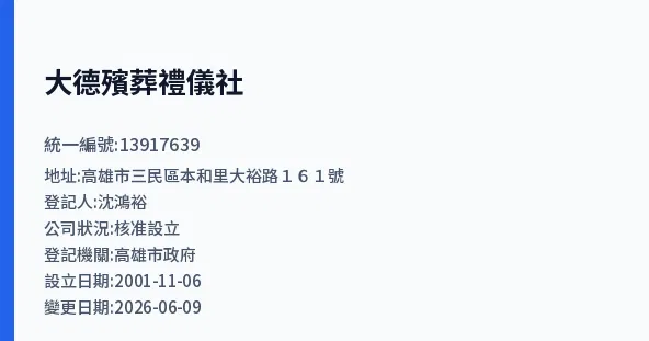 大德殯葬禮儀社的照片-統編 13917639(高雄市) 公司登記資料與營業項目詳細圖表