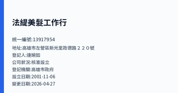 法緹美髮工作行的照片-統編 13917954(高雄市) 公司登記資料與營業項目詳細圖表