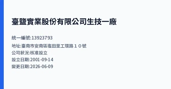 臺鹽實業股份有限公司生技一廠的照片-統編 13923793(臺南市) 公司登記資料與營業項目詳細圖表