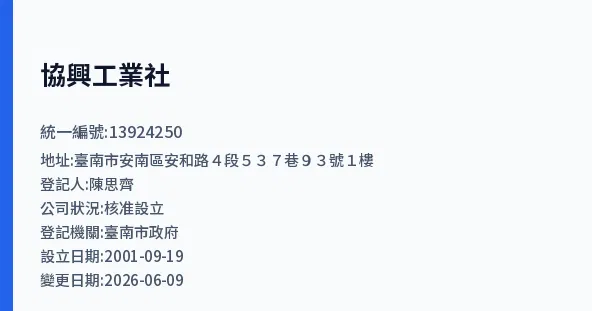 協興工業社的照片-統編 13924250(臺南市) 公司登記資料與營業項目詳細圖表