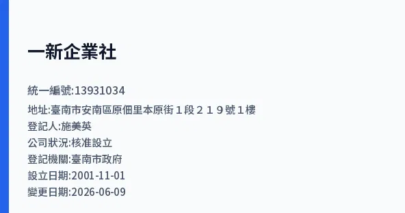 一新企業社的照片-統編 13931034(臺南市) 公司登記資料與營業項目詳細圖表