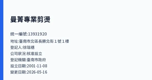 曼菁專業剪燙的照片-統編 13931920(臺南市) 公司登記資料與營業項目詳細圖表