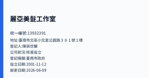 麗亞美髮工作室的照片-統編 13932391(臺南市) 公司登記資料與營業項目詳細圖表