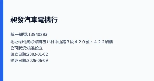 昶發汽車電機行的照片-統編 13940293(彰化縣) 公司登記資料與營業項目詳細圖表