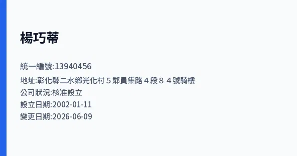 楊巧蒂的照片-統編 13940456(彰化縣) 公司登記資料與營業項目詳細圖表