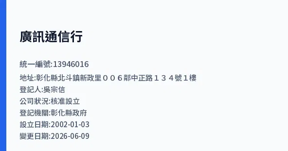 廣訊通信行的照片-統編 13946016(彰化縣) 公司登記資料與營業項目詳細圖表