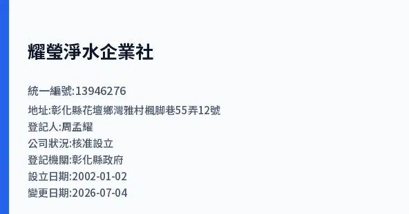 耀瑩淨水企業社的照片-統編 13946276(彰化縣) 公司登記資料與營業項目詳細圖表