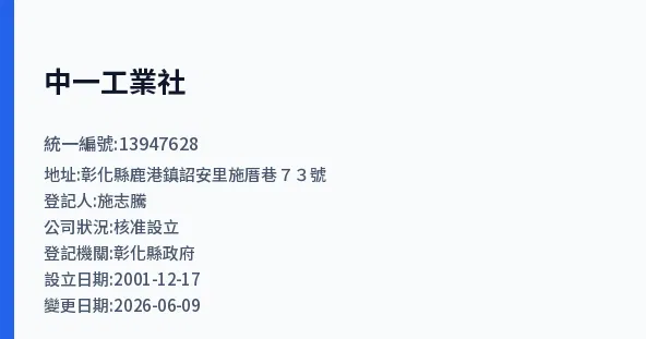 中一工業社的照片-統編 13947628(彰化縣) 公司登記資料與營業項目詳細圖表