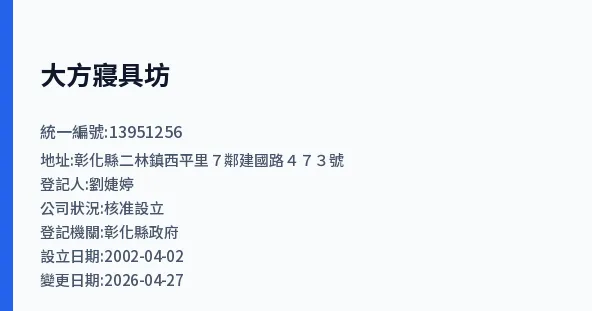大方寢具坊的照片-統編 13951256(彰化縣) 公司登記資料與營業項目詳細圖表