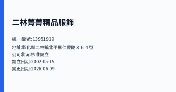 二林菁菁精品服飾的照片-統編 13951919(彰化縣) 公司登記資料與營業項目詳細圖表