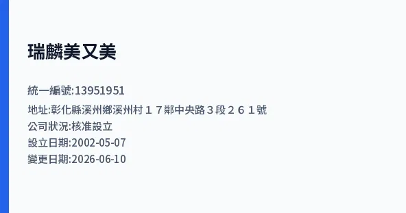 瑞麟美又美的照片-統編 13951951(彰化縣) 公司登記資料與營業項目詳細圖表