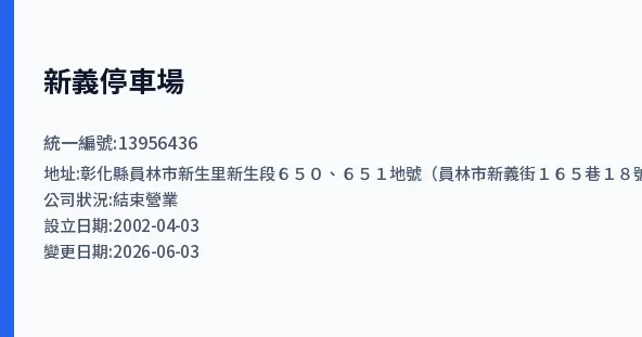 新義停車場的照片-統編 13956436(彰化縣) 公司登記資料與營業項目詳細圖表