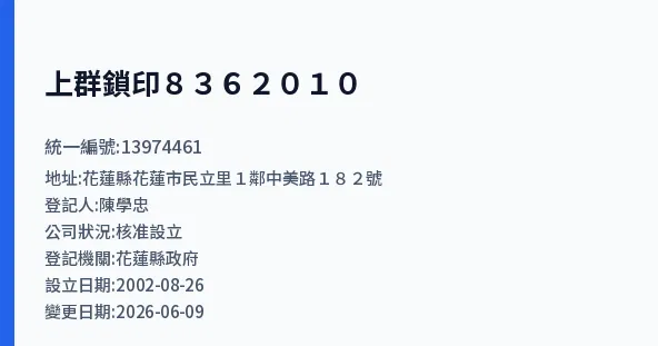上群鎖印8362010的照片-統編 13974461(花蓮縣) 公司登記資料與營業項目詳細圖表