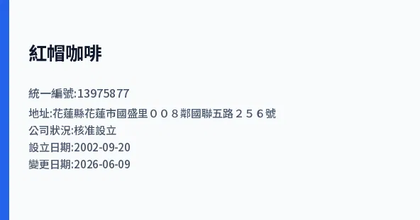 紅帽咖啡的照片-統編 13975877(花蓮縣) 公司登記資料與營業項目詳細圖表