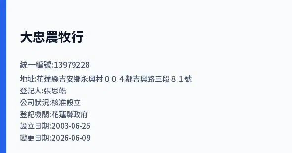 大忠農牧行的照片-統編 13979228(花蓮縣) 公司登記資料與營業項目詳細圖表