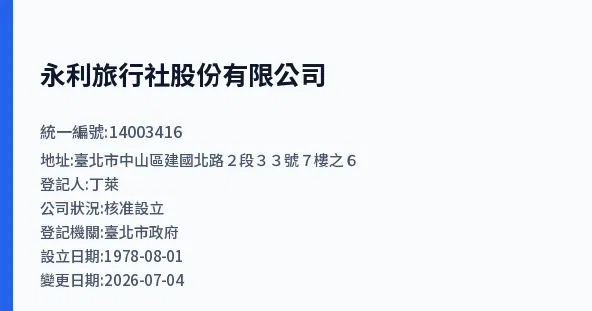 永利旅行社股份有限公司的照片-統編 14003416(臺北市) 公司登記資料與營業項目詳細圖表