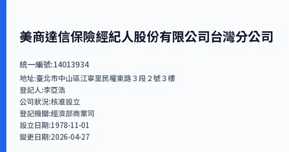 美商達信保險經紀人股份有限公司台灣分公司的照片-統編 14013934(臺北市) 公司登記資料與營業項目詳細圖表