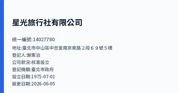 星光旅行社有限公司的照片-統編 14027780(臺北市) 公司登記資料與營業項目詳細圖表