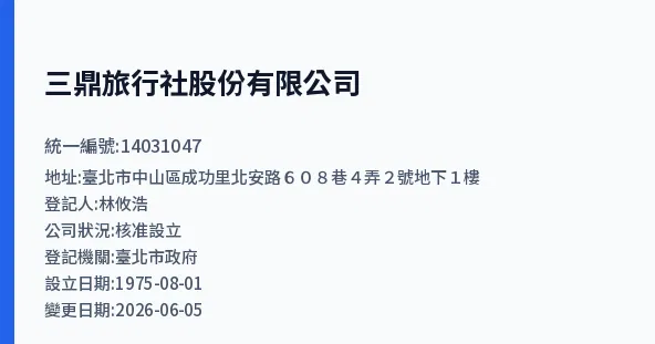 三鼎旅行社股份有限公司的照片-統編 14031047(臺北市) 公司登記資料與營業項目詳細圖表