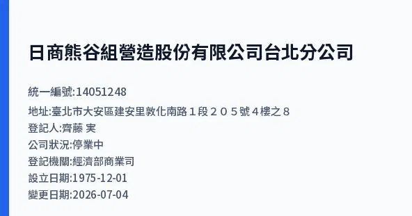日商熊谷組營造股份有限公司台北分公司的照片-統編 14051248(臺北市) 公司登記資料與營業項目詳細圖表