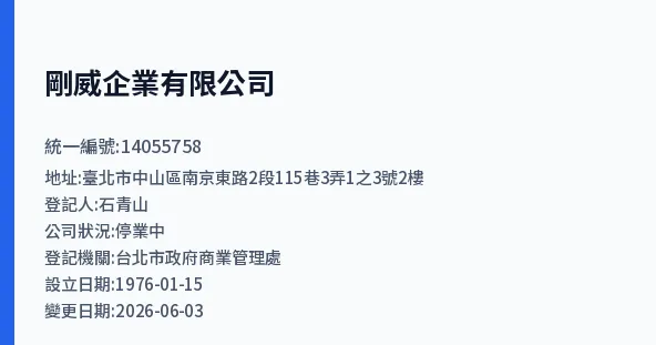 剛威企業有限公司的照片-統編 14055758(臺北市) 公司登記資料與營業項目詳細圖表