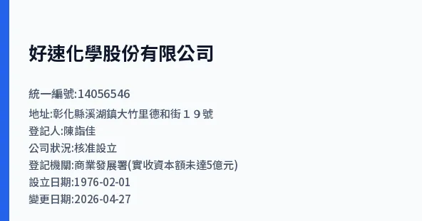 好速化學股份有限公司的照片-統編 14056546(彰化縣) 公司登記資料與營業項目詳細圖表
