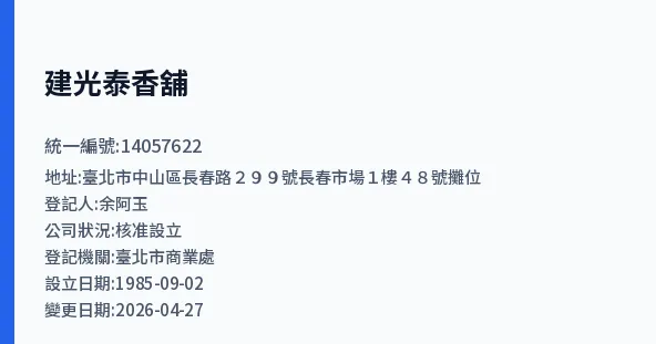 建光泰香舖的照片-統編 14057622(臺北市) 公司登記資料與營業項目詳細圖表