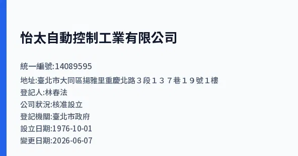 怡太自動控制工業有限公司的照片-統編 14089595(臺北市) 公司登記資料與營業項目詳細圖表