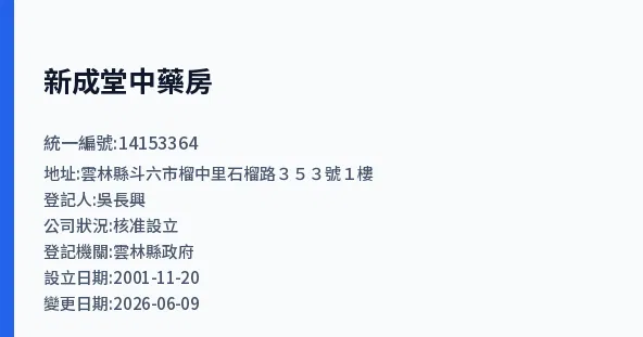 新成堂中藥房的照片-統編 14153364(雲林縣) 公司登記資料與營業項目詳細圖表