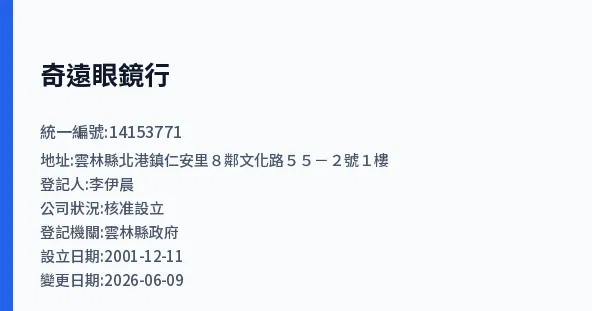 奇遠眼鏡行的照片-統編 14153771(雲林縣) 公司登記資料與營業項目詳細圖表