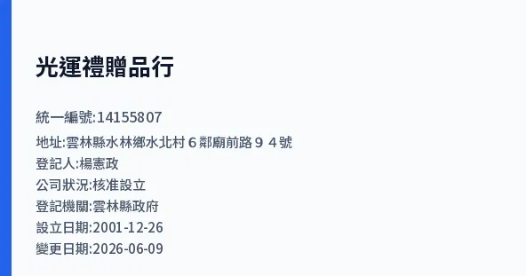 光運禮贈品行的照片-統編 14155807(雲林縣) 公司登記資料與營業項目詳細圖表