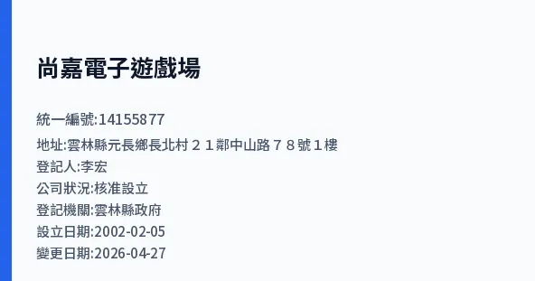 尚嘉電子遊戲場的照片-統編 14155877(雲林縣) 公司登記資料與營業項目詳細圖表