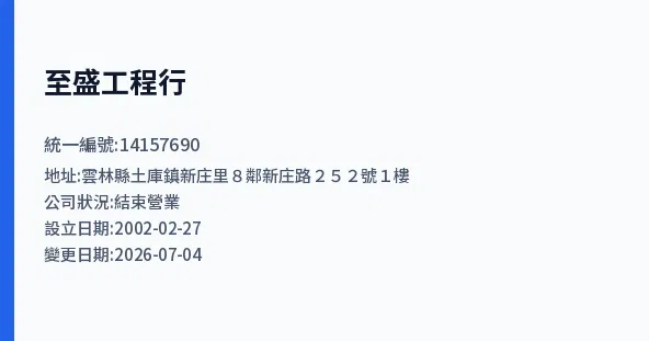至盛工程行的照片-統編 14157690(雲林縣) 公司登記資料與營業項目詳細圖表