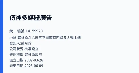 傳神多媒體廣告的照片-統編 14159923(雲林縣) 公司登記資料與營業項目詳細圖表