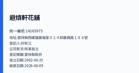 避煩軒花舖的照片-統編 14165973(雲林縣) 公司登記資料與營業項目詳細圖表